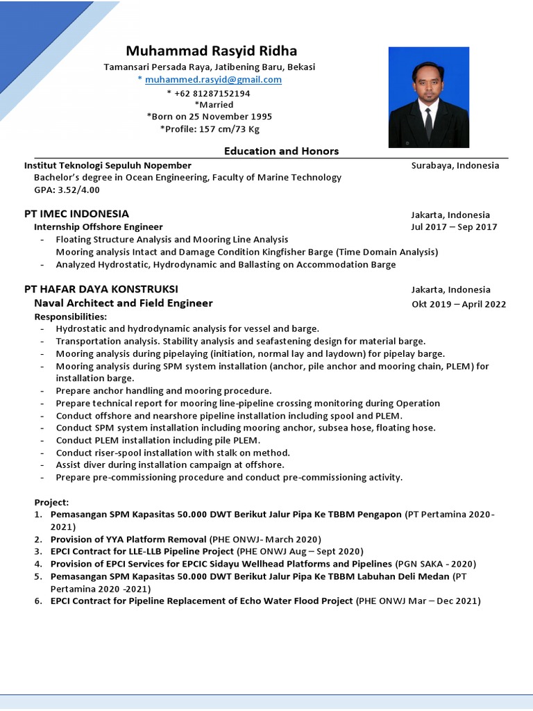 CV Muh Rasyid Ridha-Marine Engineer | PDF | Freight Transport | Oceanography