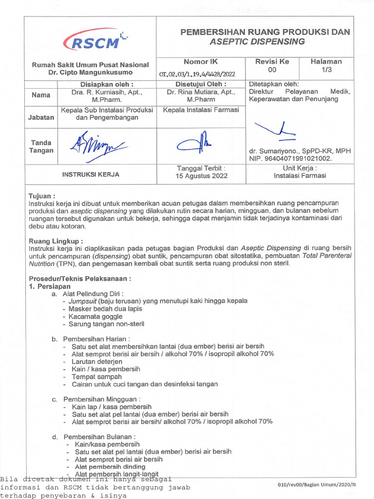 IK Pembersihan Ruang Produksi Dan Aseptic Dispensing - Rev00 | PDF