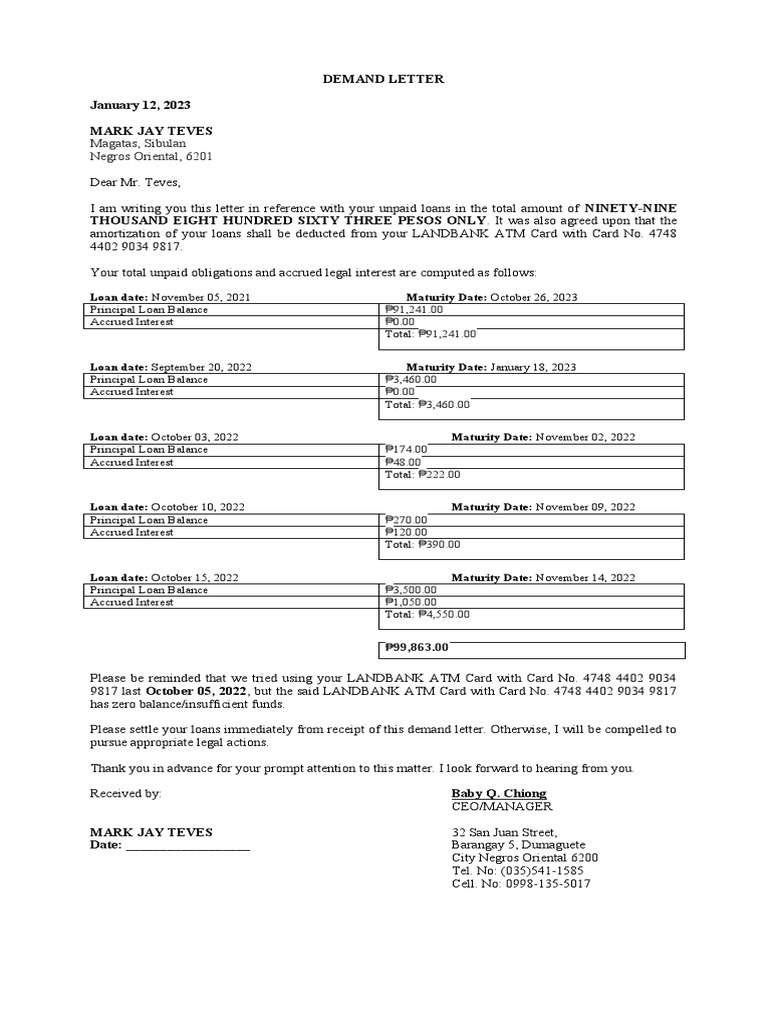 DEMAND LETTER- ATM CARD - TEVES | PDF | Loans | Credit