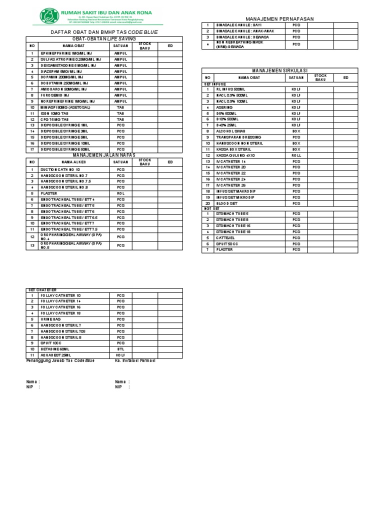 Daftar Obat Dan BMHP Tas Code Blue | PDF | Medical Equipment | Clinical ...