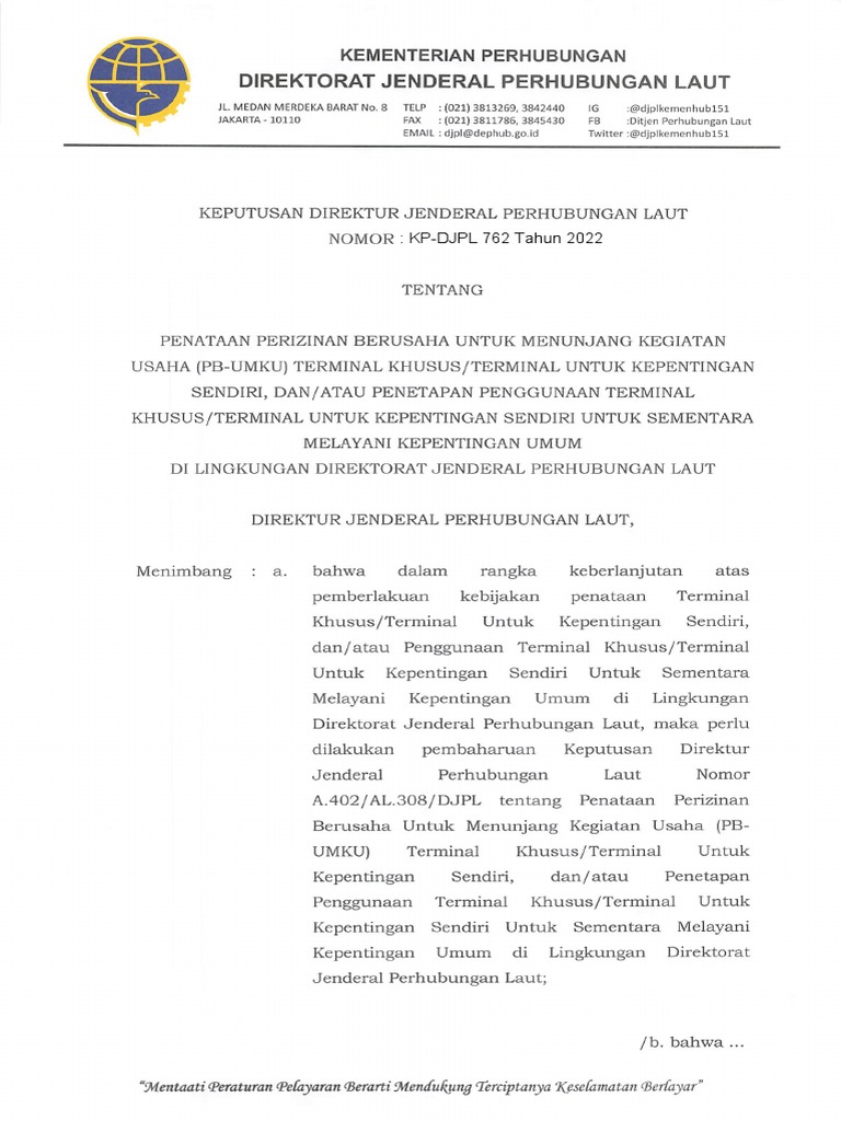 Kepdirjen KP 762 Tahun 2022 - Penataan Tersus Tuks Sementara Untuk Melayani Kepentingan Umum | PDF