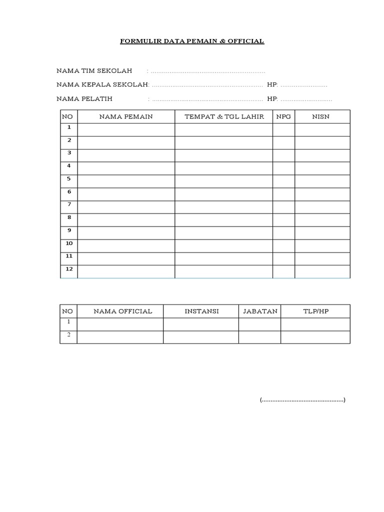 Formulir Data Pemain dan Official Futsal | PDF | Bisnis | Komputer