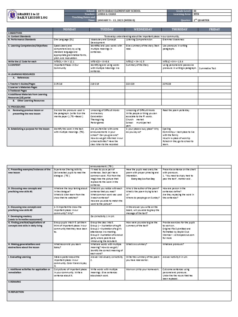 DLL MTB-3 Q2 W8 | PDF | Word | Learning