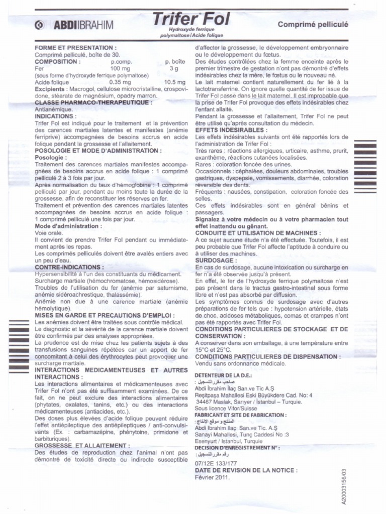 Notice Trifer Fol 100mg 0,35mg Comp. Pelli. B 30 | PDF | Anémie | Grossesse