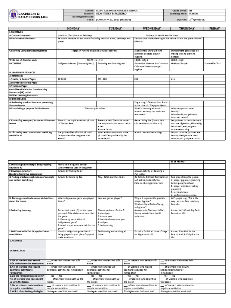 DLL Mapeh-3 Q2 W8 | PDF | Hygiene | Learning