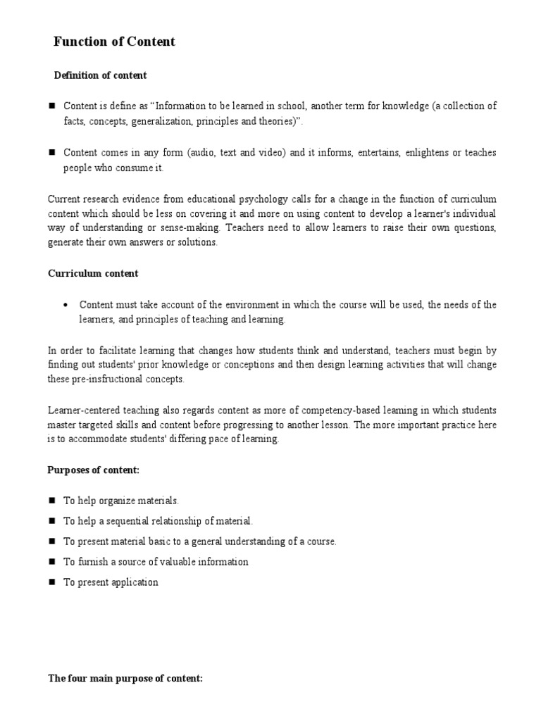 The Function of Content | PDF | Learning | Teaching Method