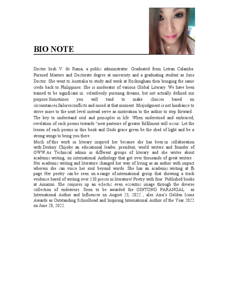 Irish Updated BIO NOTE by Irish V de Rama, EdD, JD, DHum | PDF