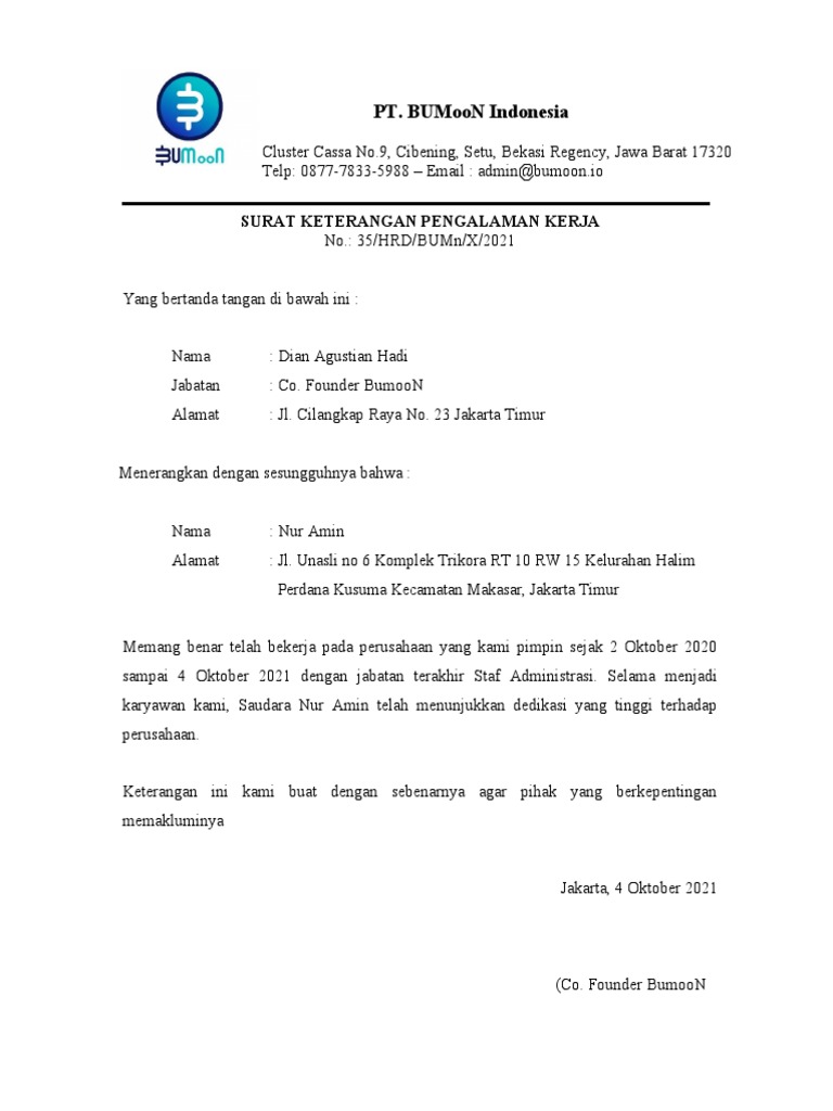 CONTOH SURAT PENGALAMAN KERJA PDF | PDF