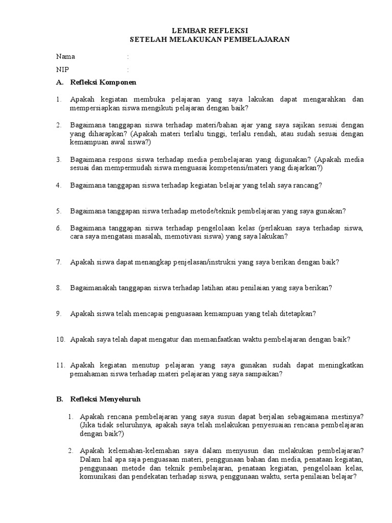 Lembar Refleksi Pembelajaran Guru | PDF | Karier & Perkembangan