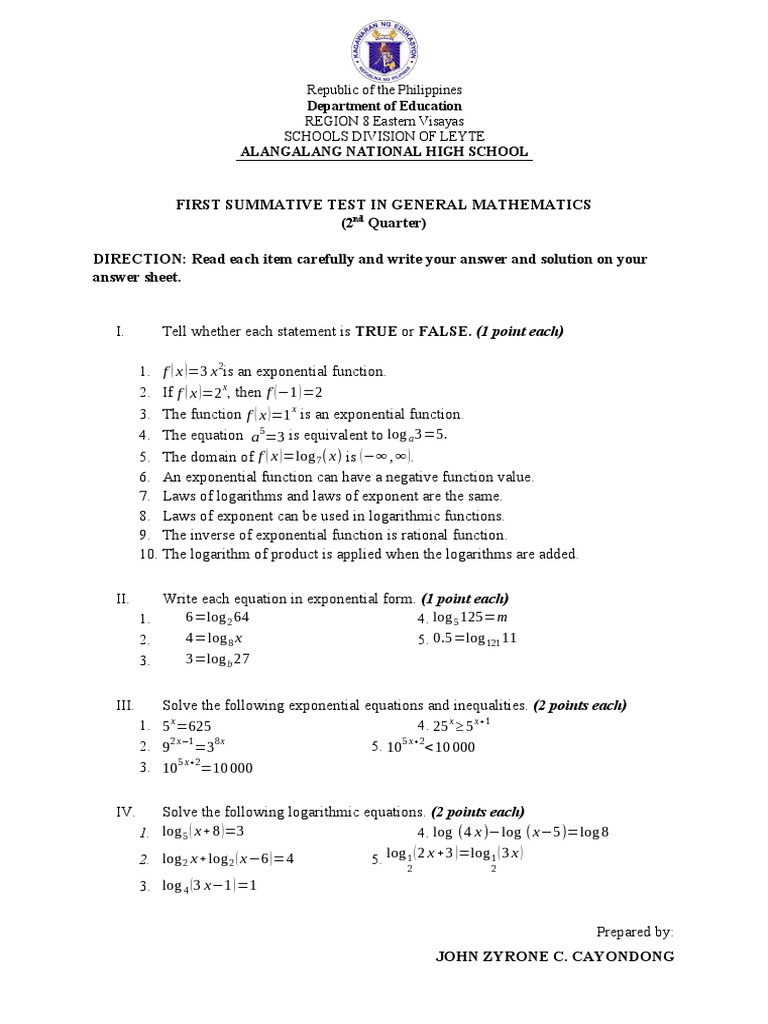 First Summative Test in General Mathematics | PDF First Summative Test in General Mathematics | PDF