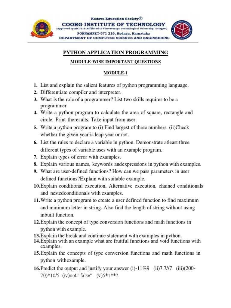 Python Module Wise Important Questions Pdf Programming Computer Program