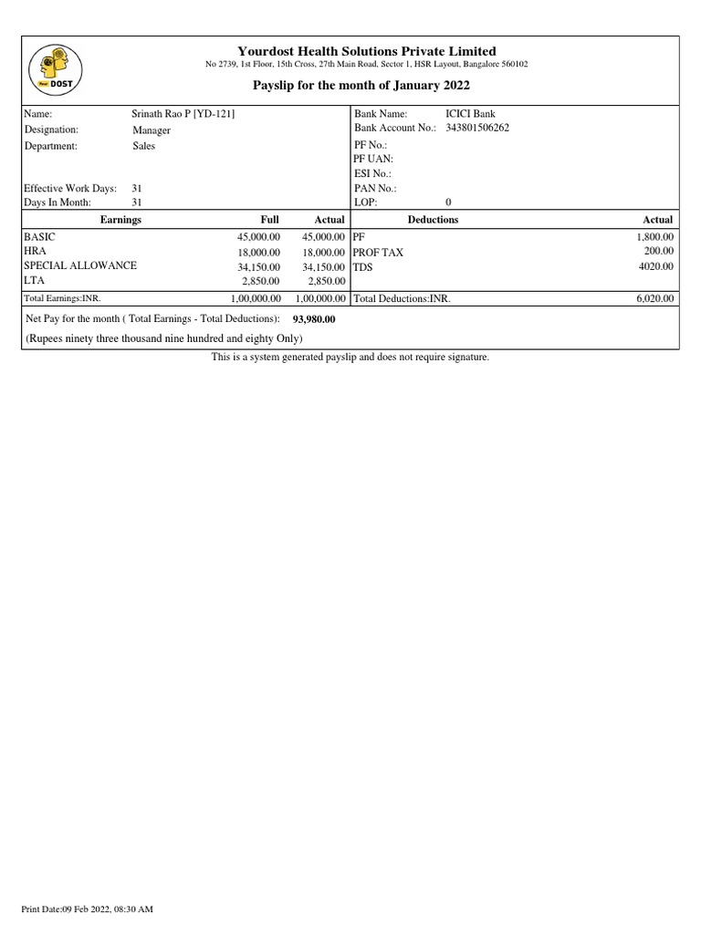 YourDOST Payslip January 2022 | PDF