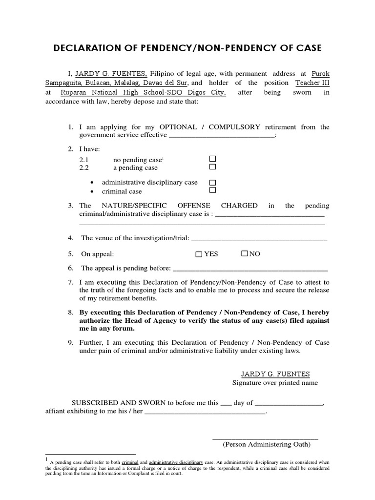 DECLARATION Non Pendency Form | Download Free PDF | Legal Procedure ...