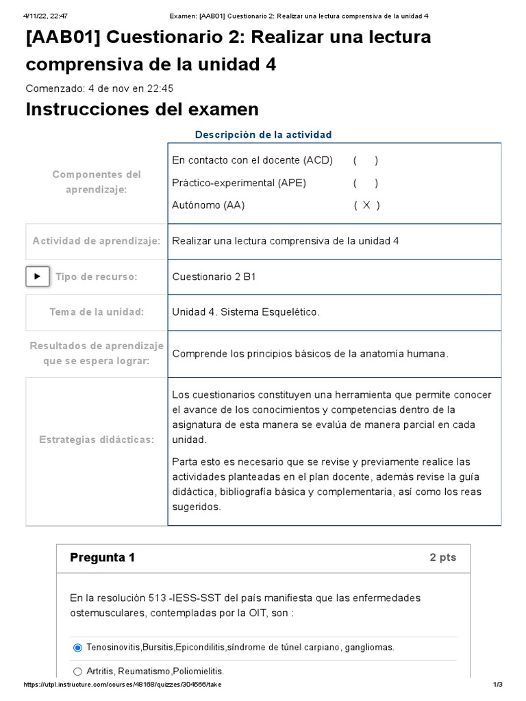 Examen - (AAB01) Cuestionario 2 - Realizar Una Lectura Comprensiva de La Unidad 4ANATOMIA | PDF ...