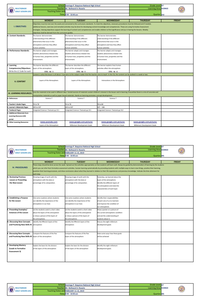 2018-2019 DLL Science 7 | PDF | Learning | Teachers