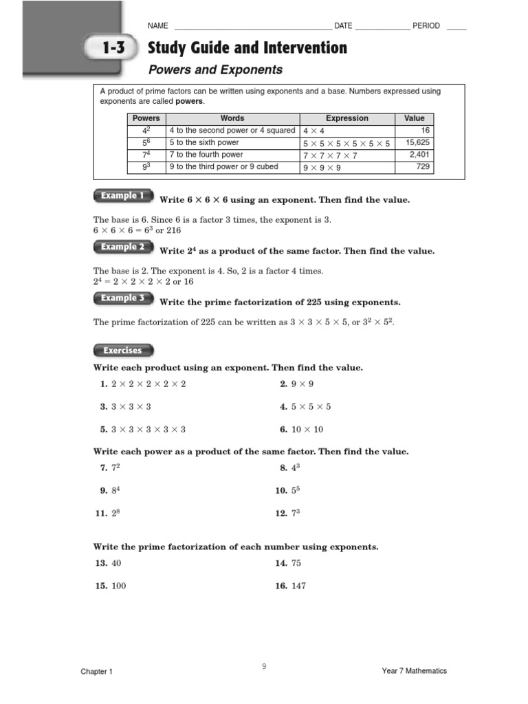 Lesson 1.3 Powers and Exponents | PDF | Exponentiation | Numbers