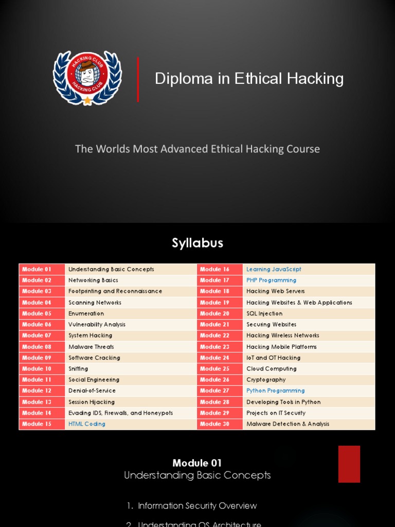 Diploma in Ethical Hacking - Syllabus - Hacking Club | PDF | Denial Of Service Attack | Malware