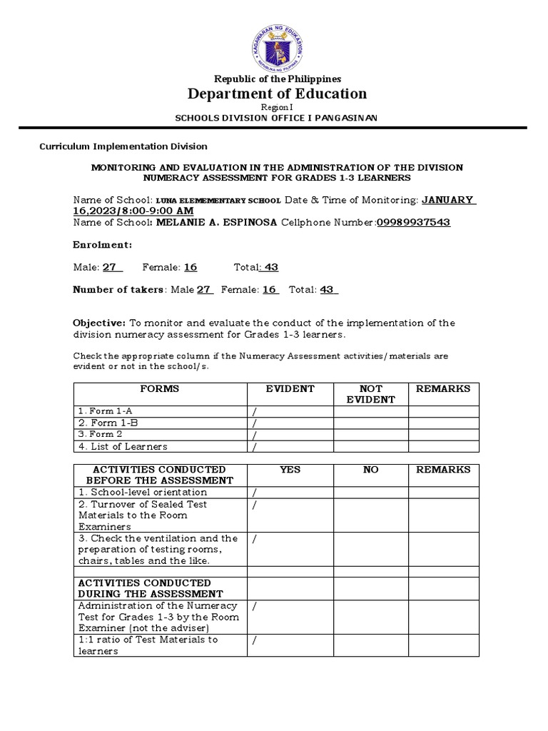 Grade 1-3 Numeracy Assessment Report | PDF | Reading Comprehension ...