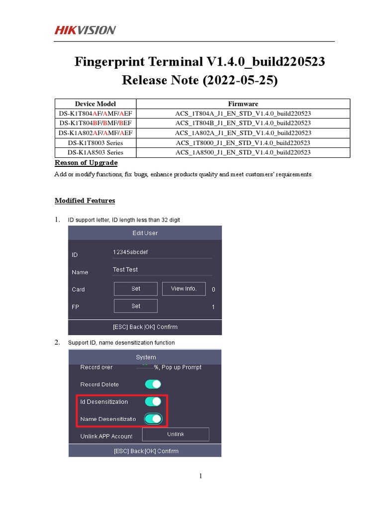 Fingerprint Terminal V1.4.0 - Build220523 Release Note | PDF | Computing | Computer Engineering