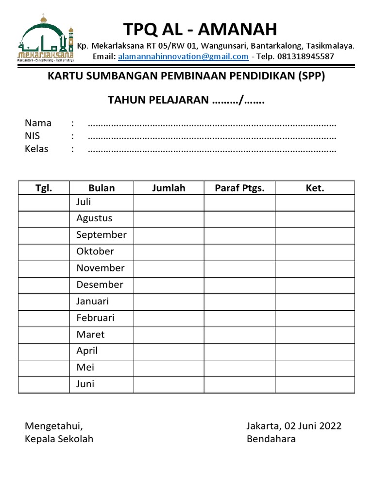 Contoh Kartu SPP Paud | PDF