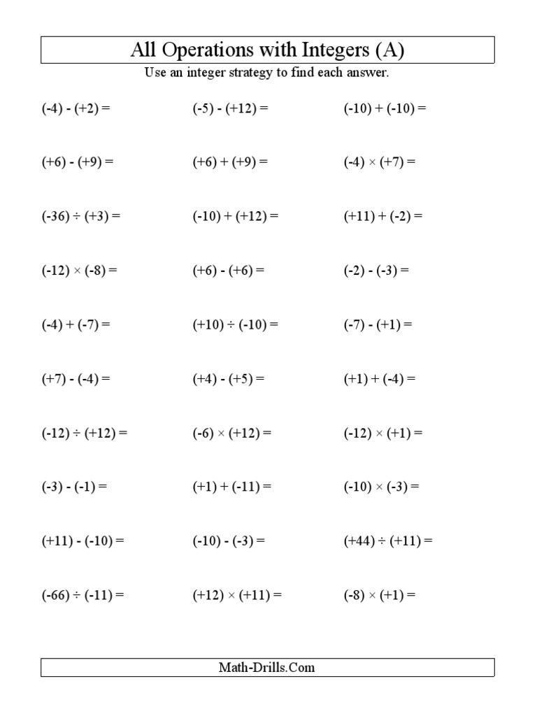 Integers Worksheet - Integer Addition and Subtraction (Range - 10 To 10 ...