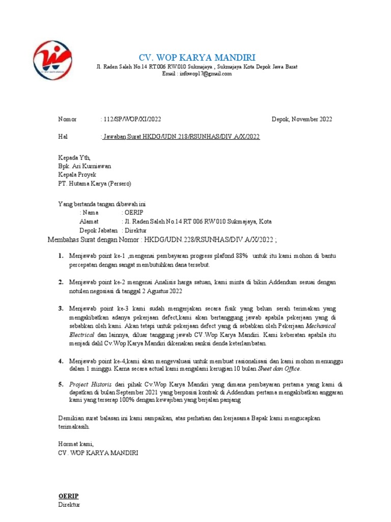 Surat Balasan HK 112 | PDF