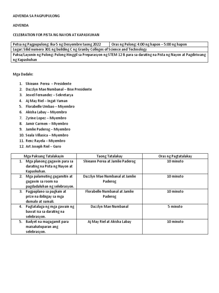 Adyenda Sa Pagpupulong | PDF