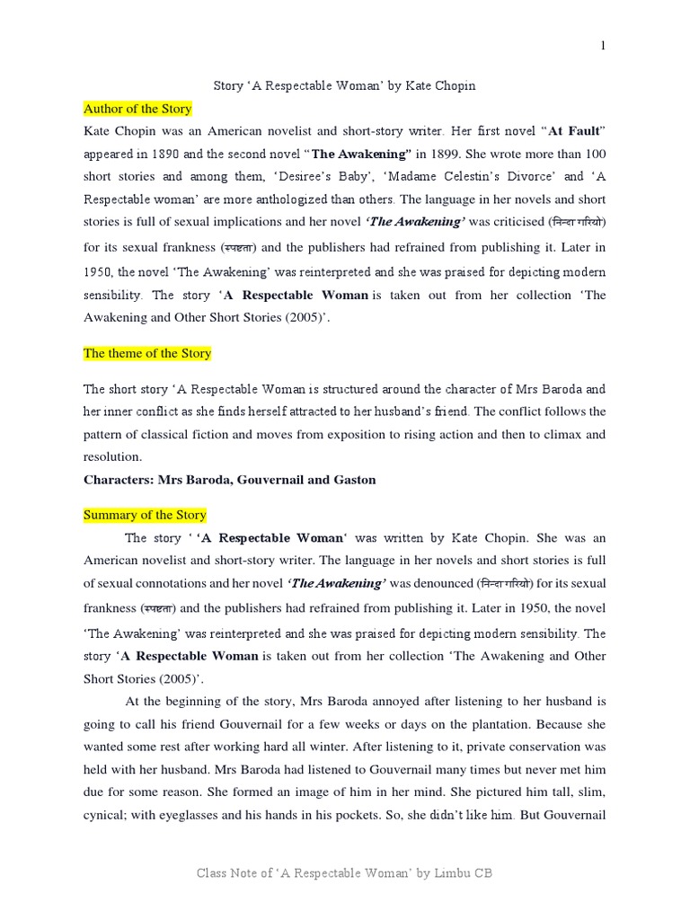 Summary of A Respectable Woman | PDF | The Awakening (Chopin Novel)