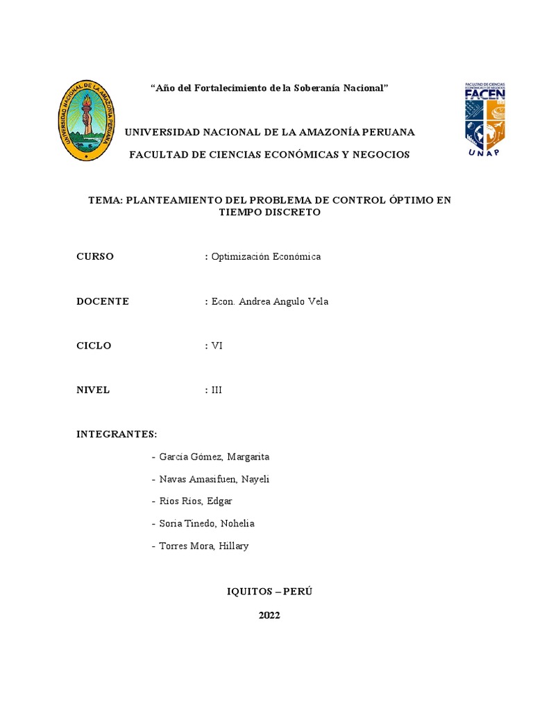 Planteamiento del problema de control óptimo en tiempo discreto: variables, sistema dinámico ...