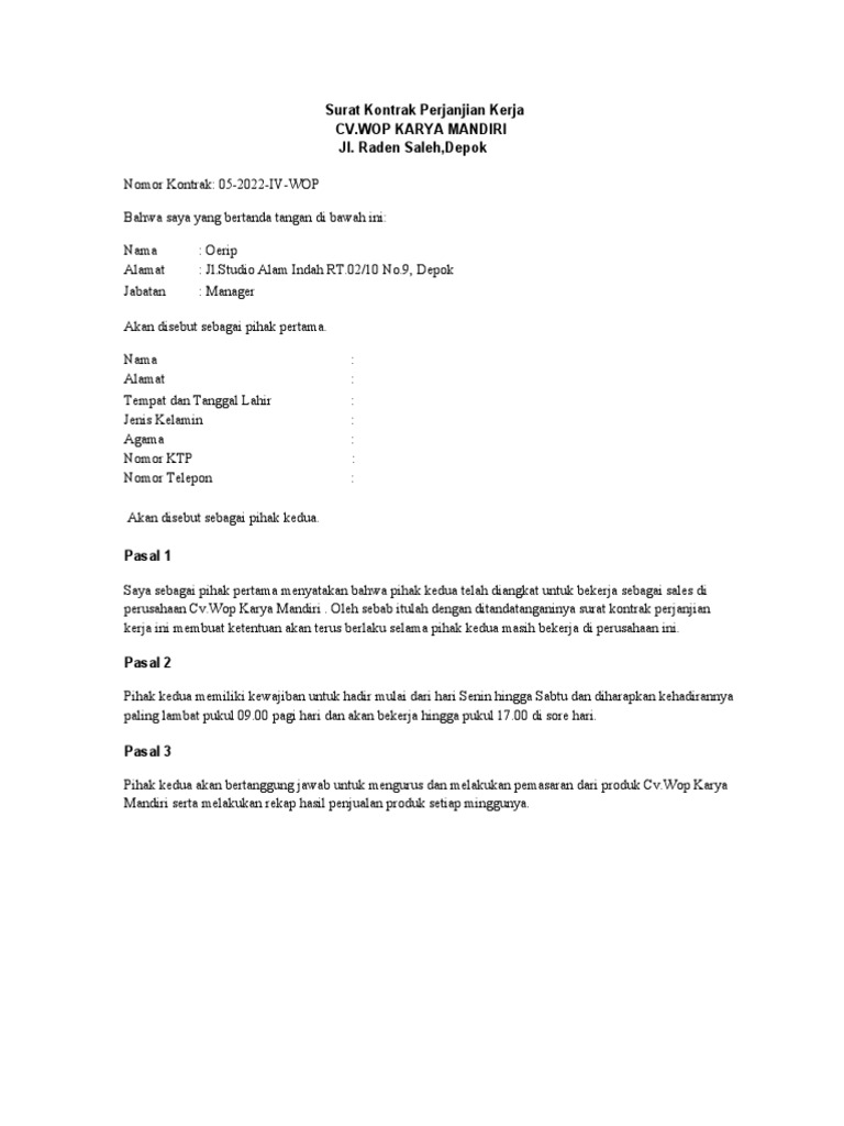 Surat Kontrak Perjanjian Kerja Pdf