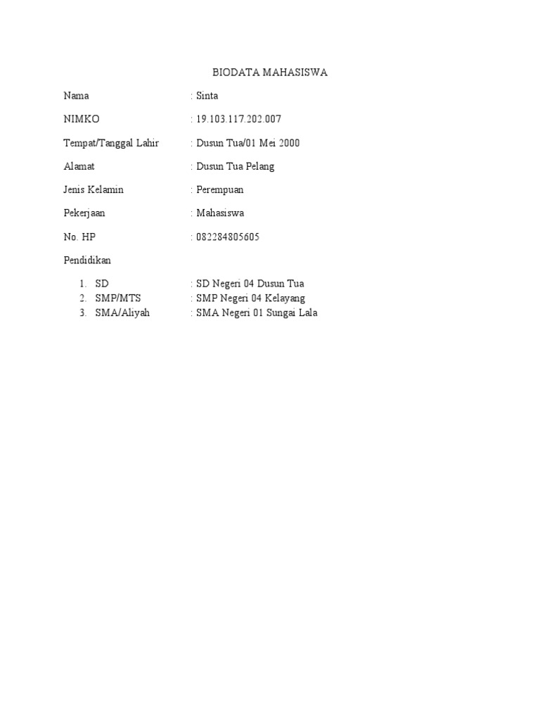 Biodata Mahasiswa (Sinta) | PDF
