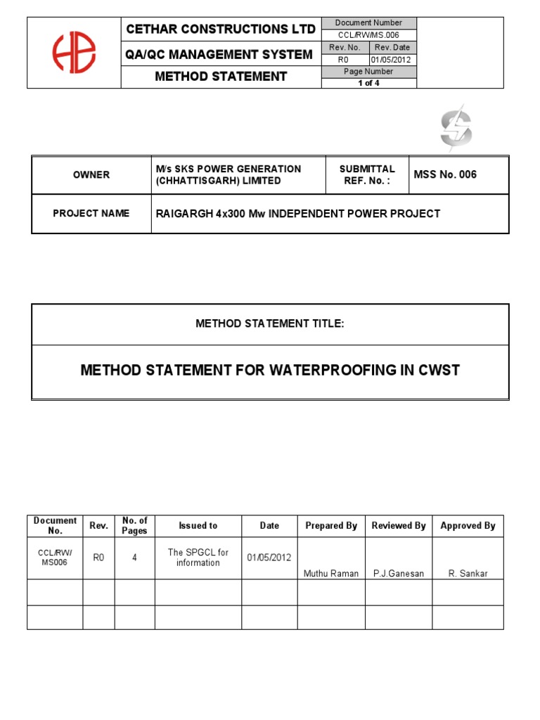 Method Statement For Waterproofing in CWST | PDF | Civil Engineering | Building Materials