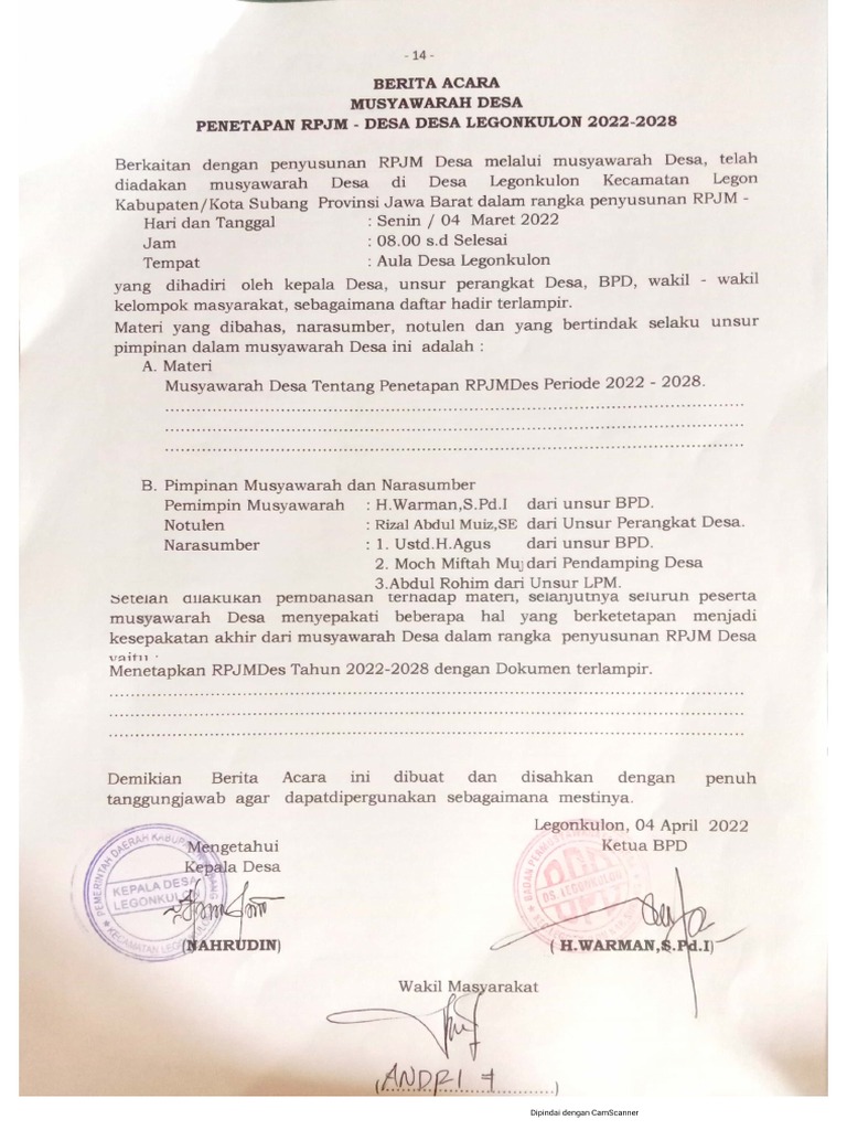 Berita Acara Musdes Rpjmdes 2022 | PDF