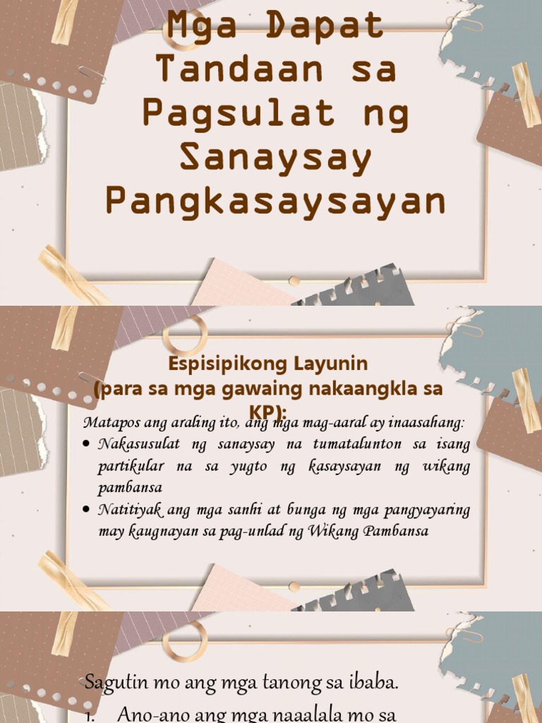 Aralin 8 Mga Dapat Tandaan Sa Pagsulat NG Sanaysay Pangkasaysayan | PDF