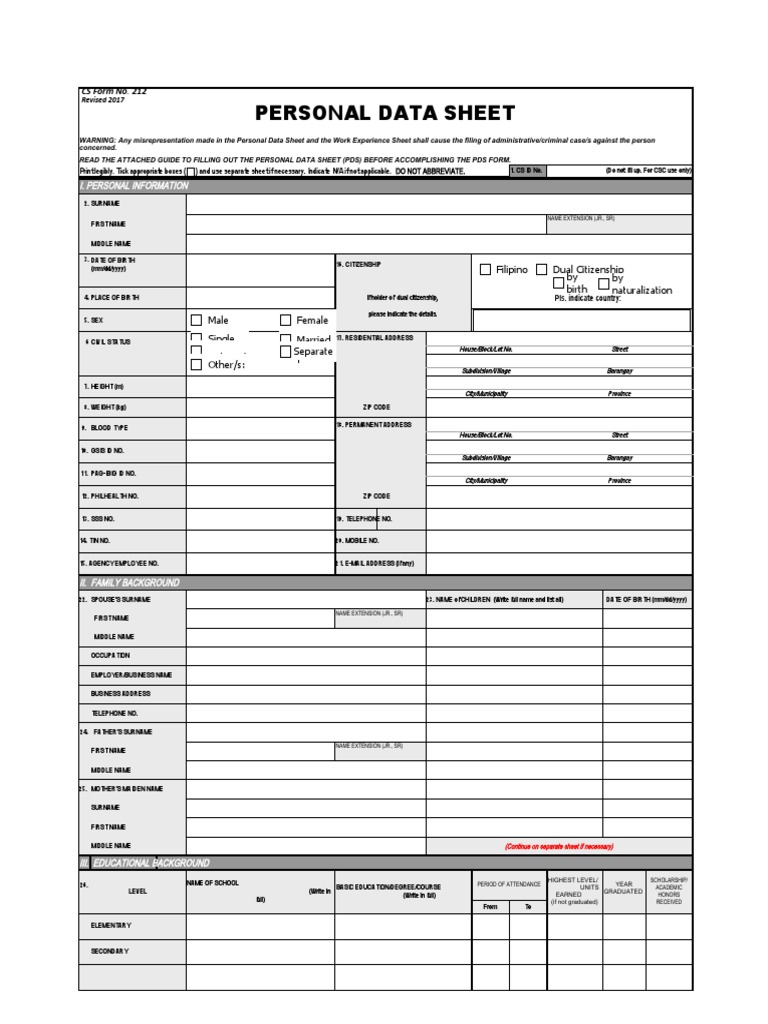 CS Form 212 BLANK Personal Data Sheet 1 | PDF | Passport | Crime & Violence