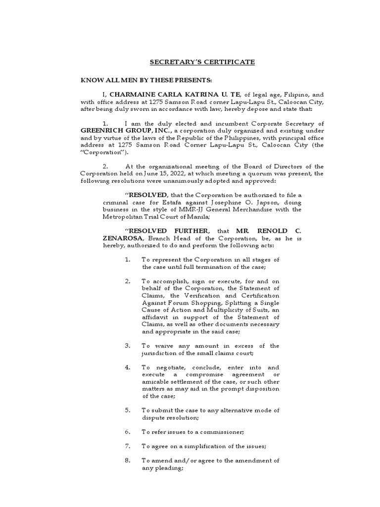 Annex A - Secretary's Certificate - Scribd | PDF | Affidavit | Judiciaries