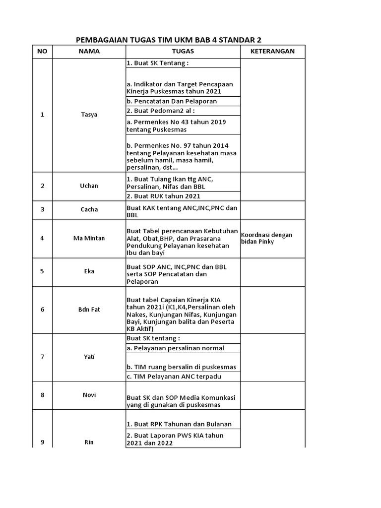 Pembagian Tugas Tim Ukm Puskesmas | PDF