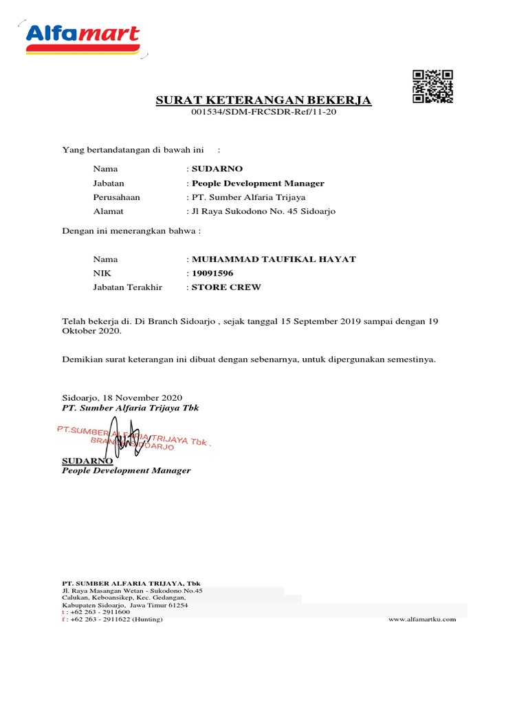 Surat Keterangan Kerja Alfamart | PDF