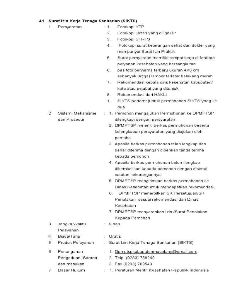 Surat Izin Kerja Tenaga Sanitarian - SIKTS | PDF