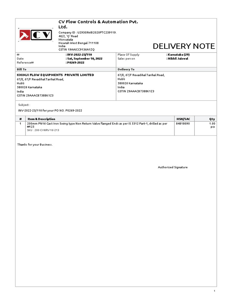 Deliverynote - Inv 2022 23110 | PDF