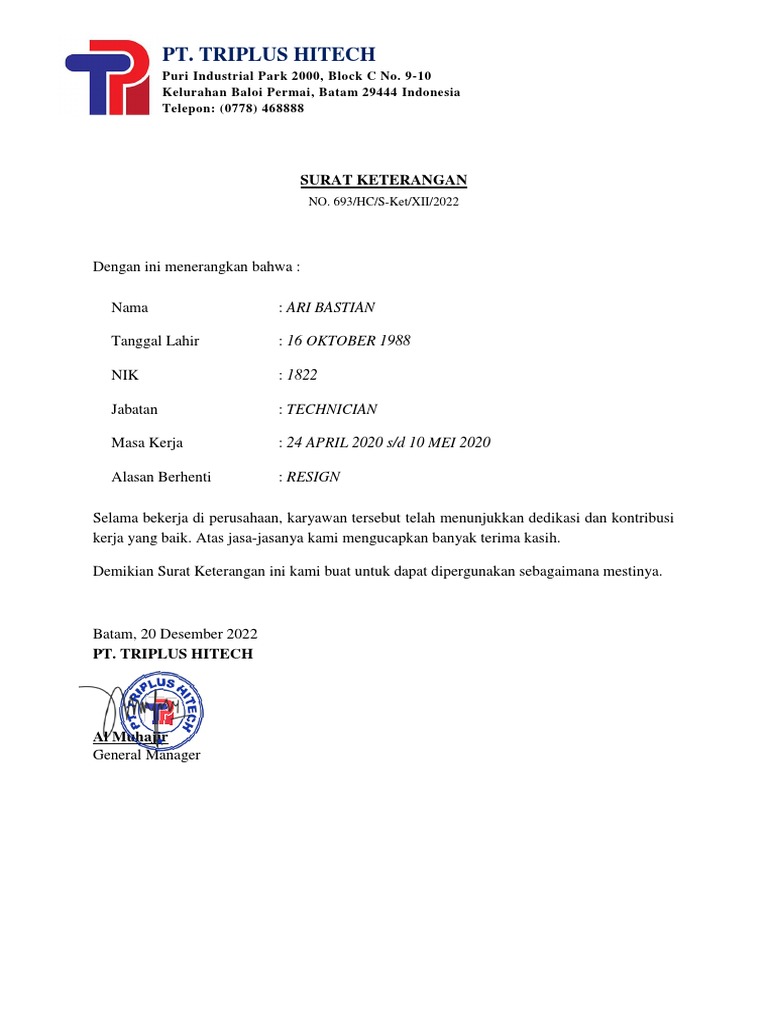 Paklaring Ari Bastian 5 | PDF