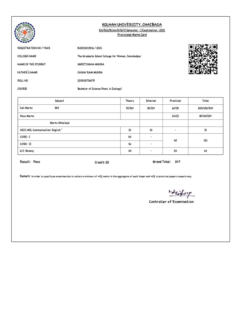 Provisional Marks Card for Smriti Kana Munda's First Semester Bachelor ...