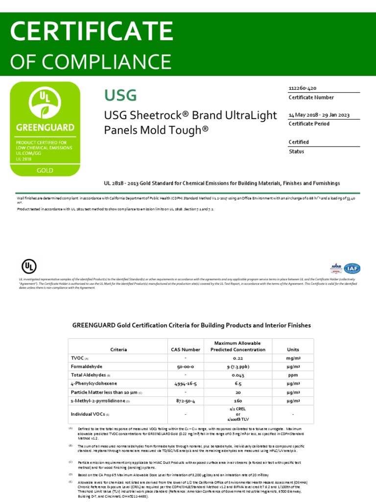 Certificado Greenguard USG Ultralight | PDF | Volatile Organic Compound | Physical Sciences