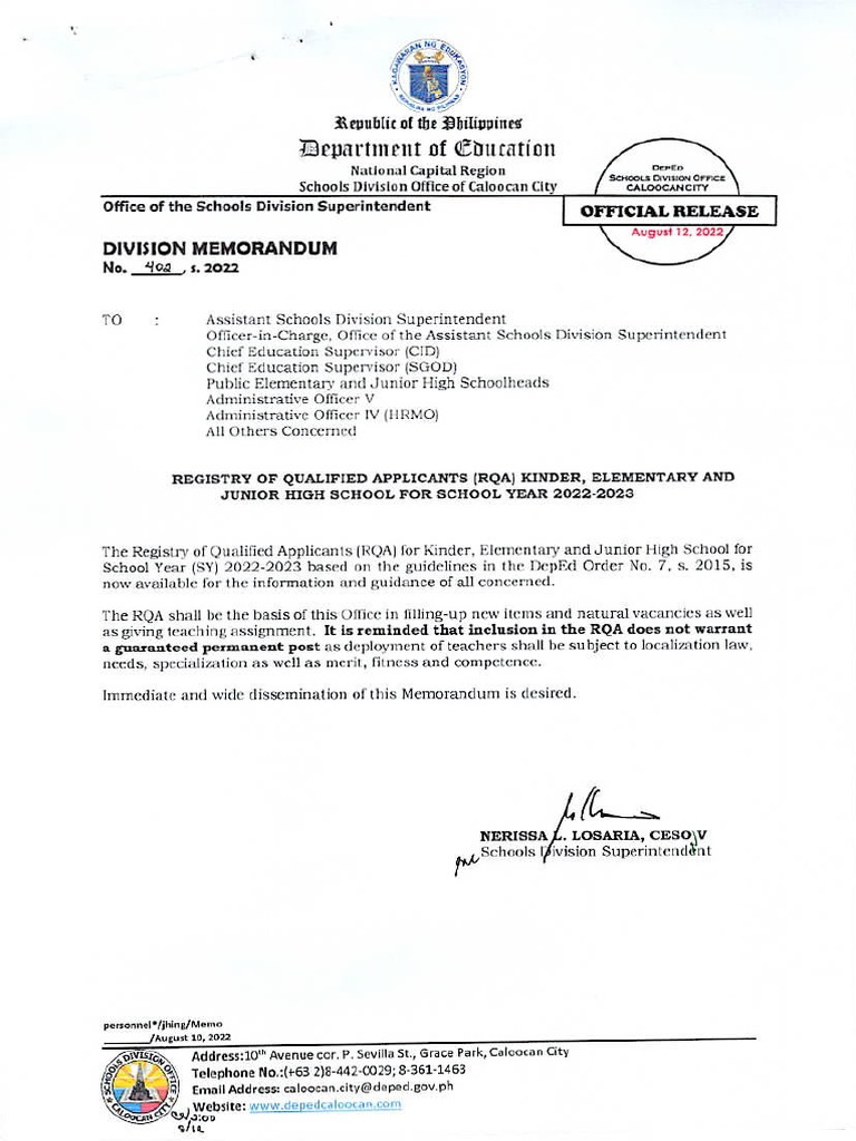 DM No. 402 S. 2022 Registry of Qualified Applicants RQA Kinder ...