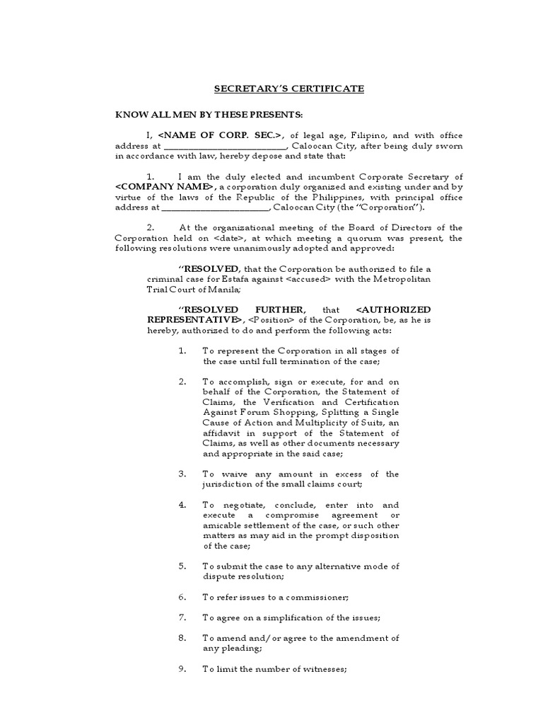 Annex A - Secretary's Certificate - Scribd | PDF | Affidavit | Legal Procedure