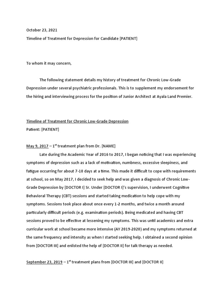 Treatment Timeline Sample | PDF | Major Depressive Disorder | Cognitive ...