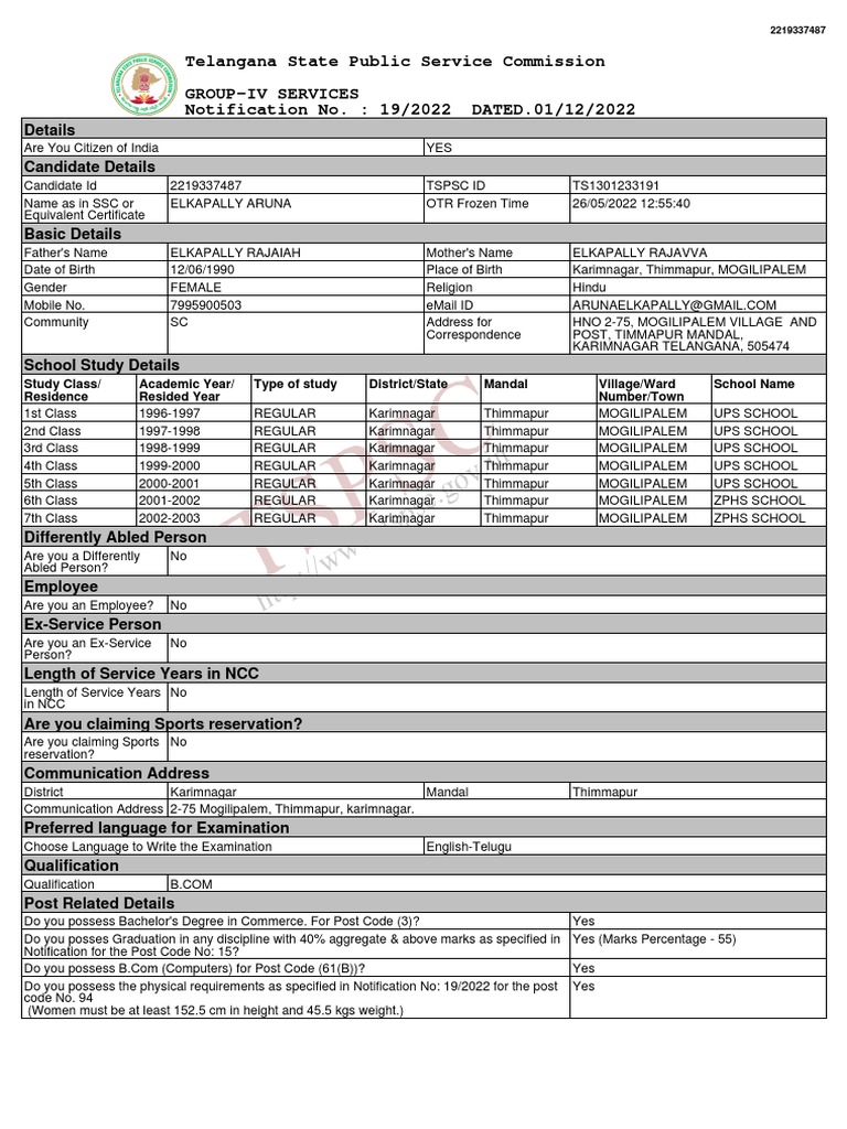 Telangana State Public Service Commission Group-Iv Services Notification No.: 19/2022 DATED.01 ...