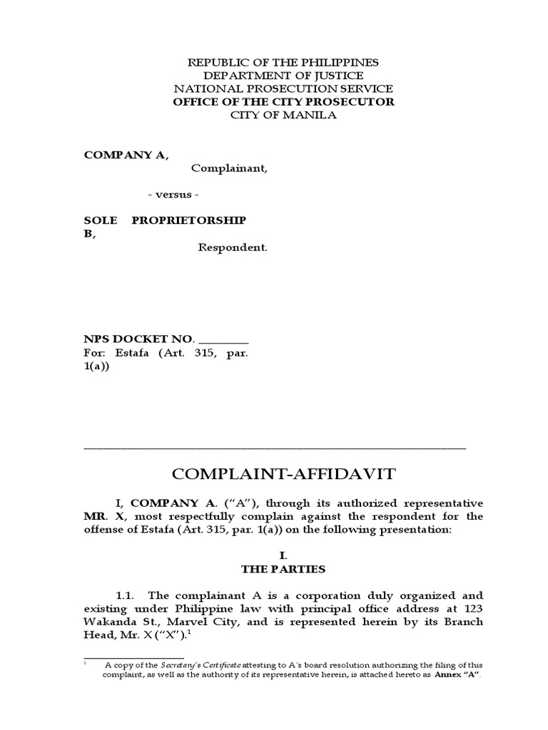 Estafa Complaint-Affidavit Sample | PDF | Crimes | Crime & Violence