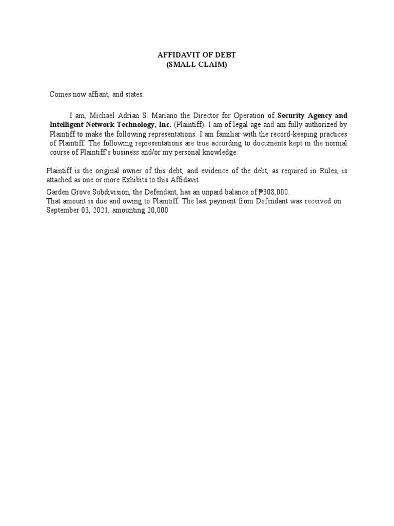 Form Civil Affidavit of Debt SC | PDF