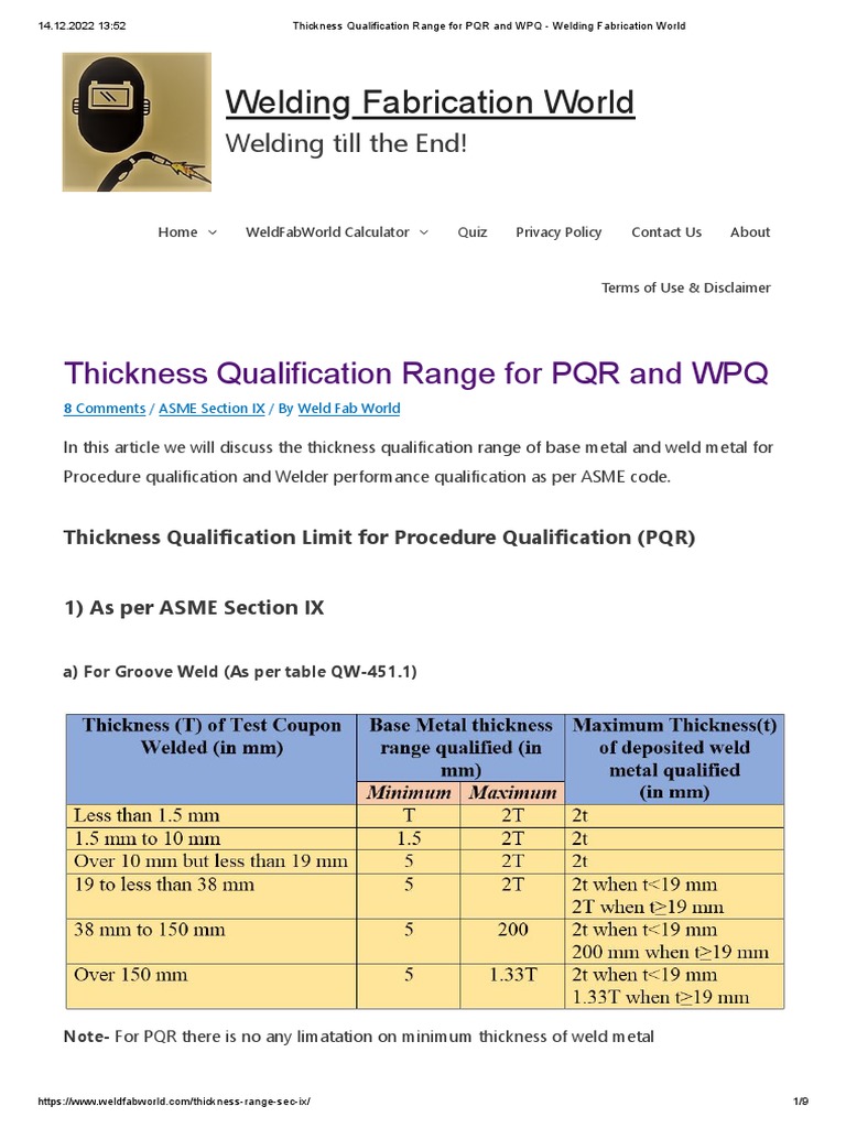Thickness Qualification Range For PQR and WPQ - Welding Fabrication ...